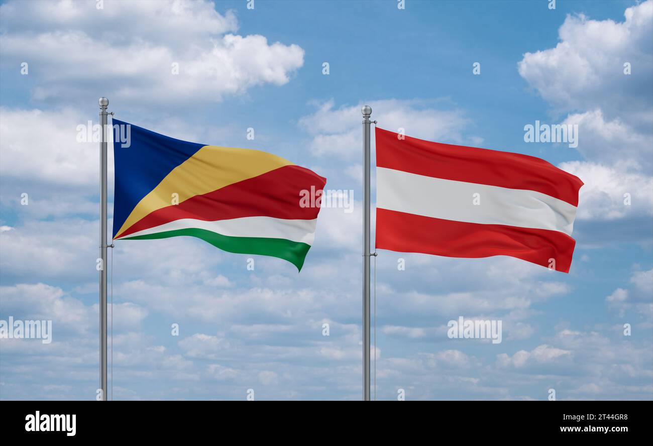 Austria and Seychelles flags waving together on blue cloudy sky, two country relationship ...