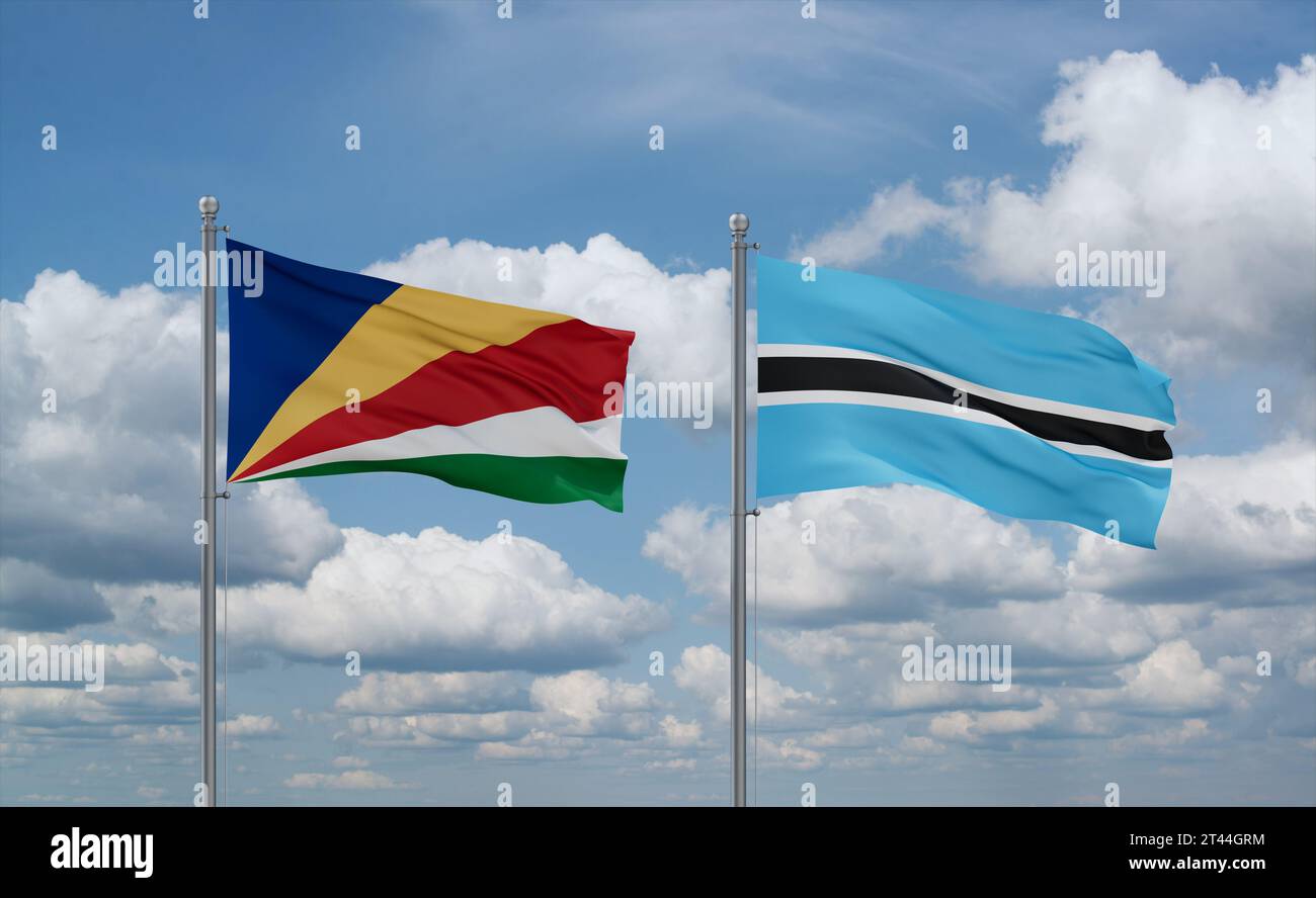 Botswana and Seychelles flags waving together on blue cloudy sky, two country relationship ...