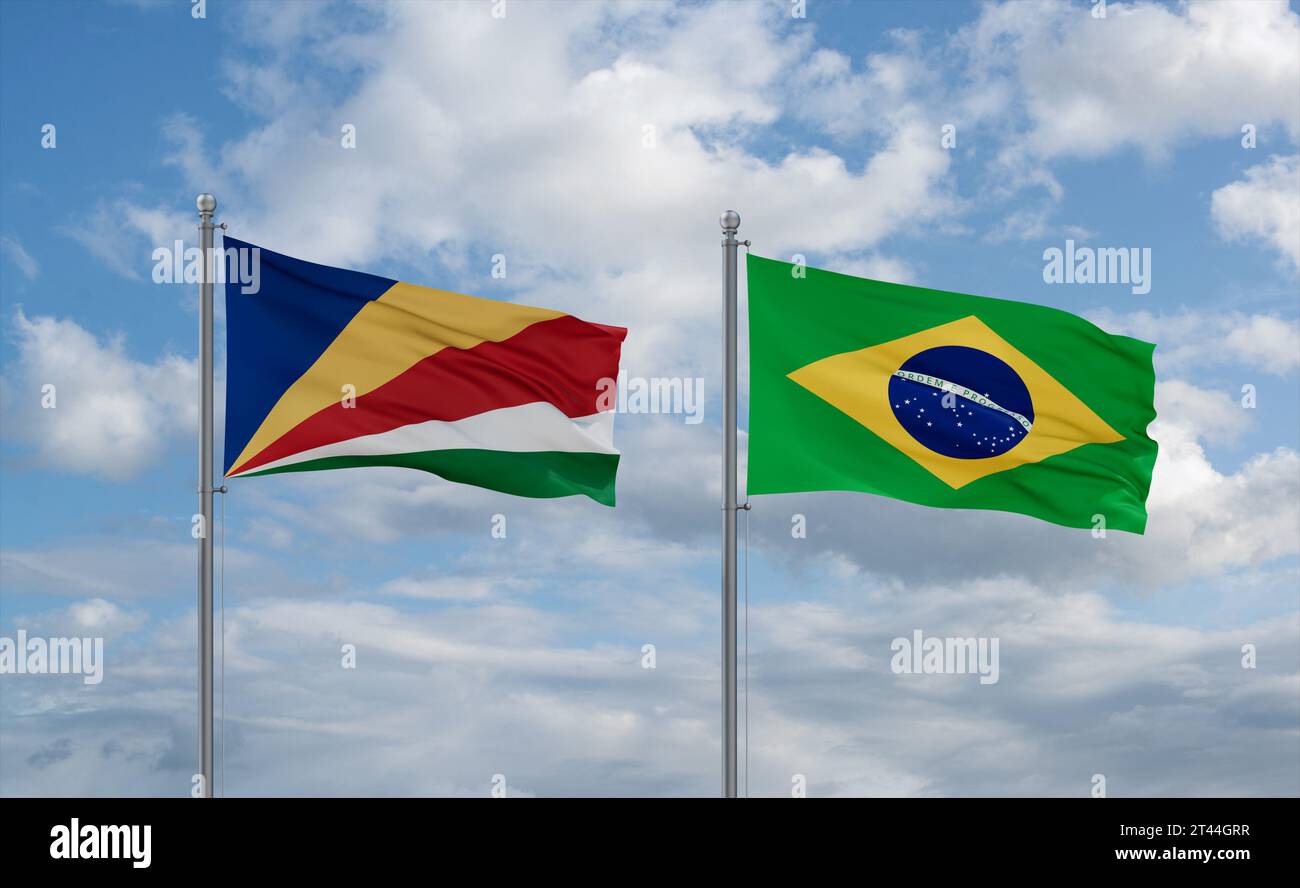 Brazil and Seychelles flags waving together on blue cloudy sky, two country relationship concept ...