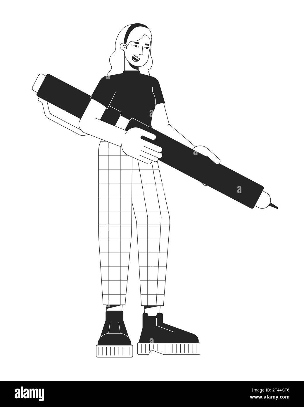 Caucasian young woman writer fountain pen black and white 2D line ...