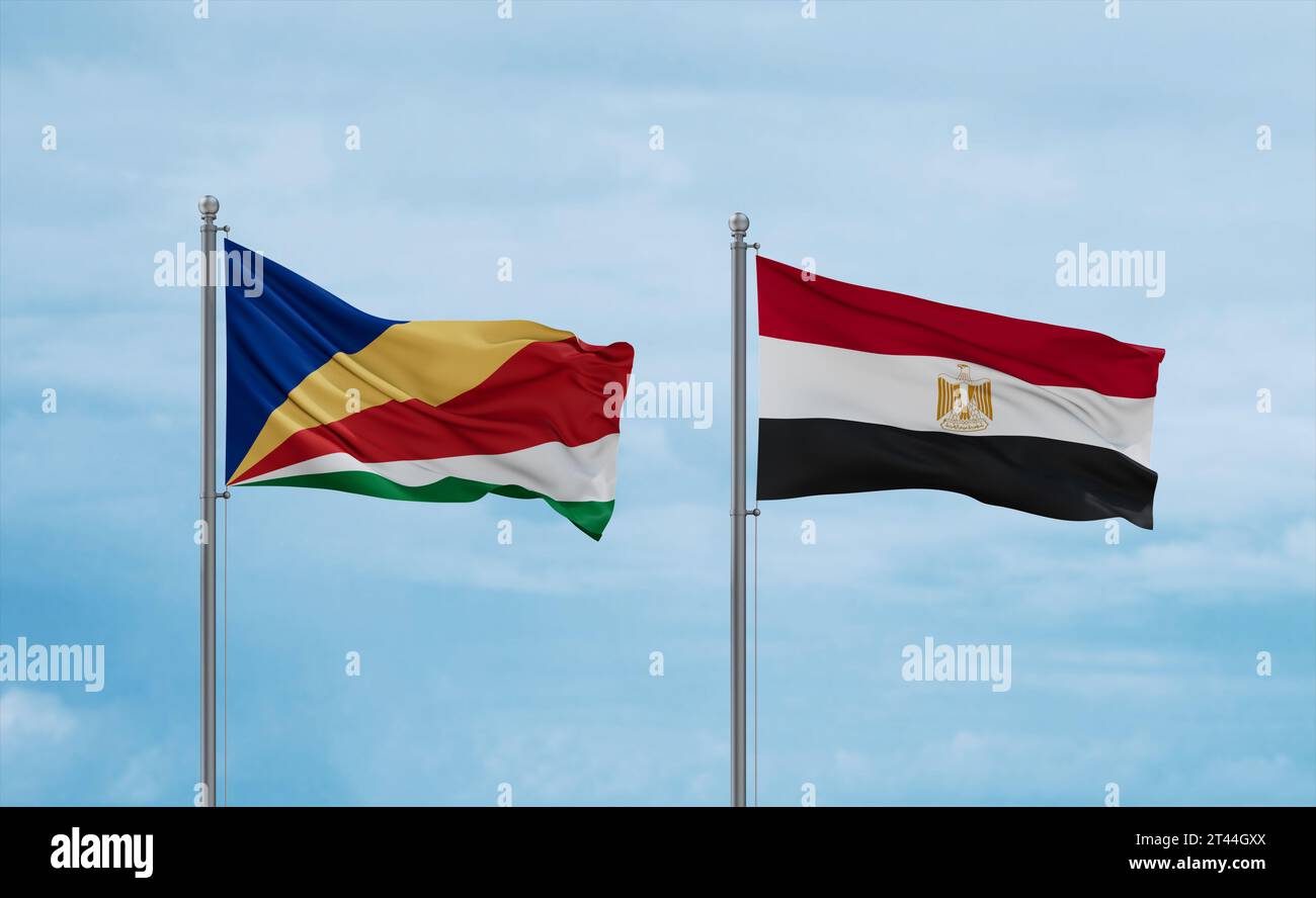 Egypt and Seychelles flags waving together on blue cloudy sky, two country relationship concept ...