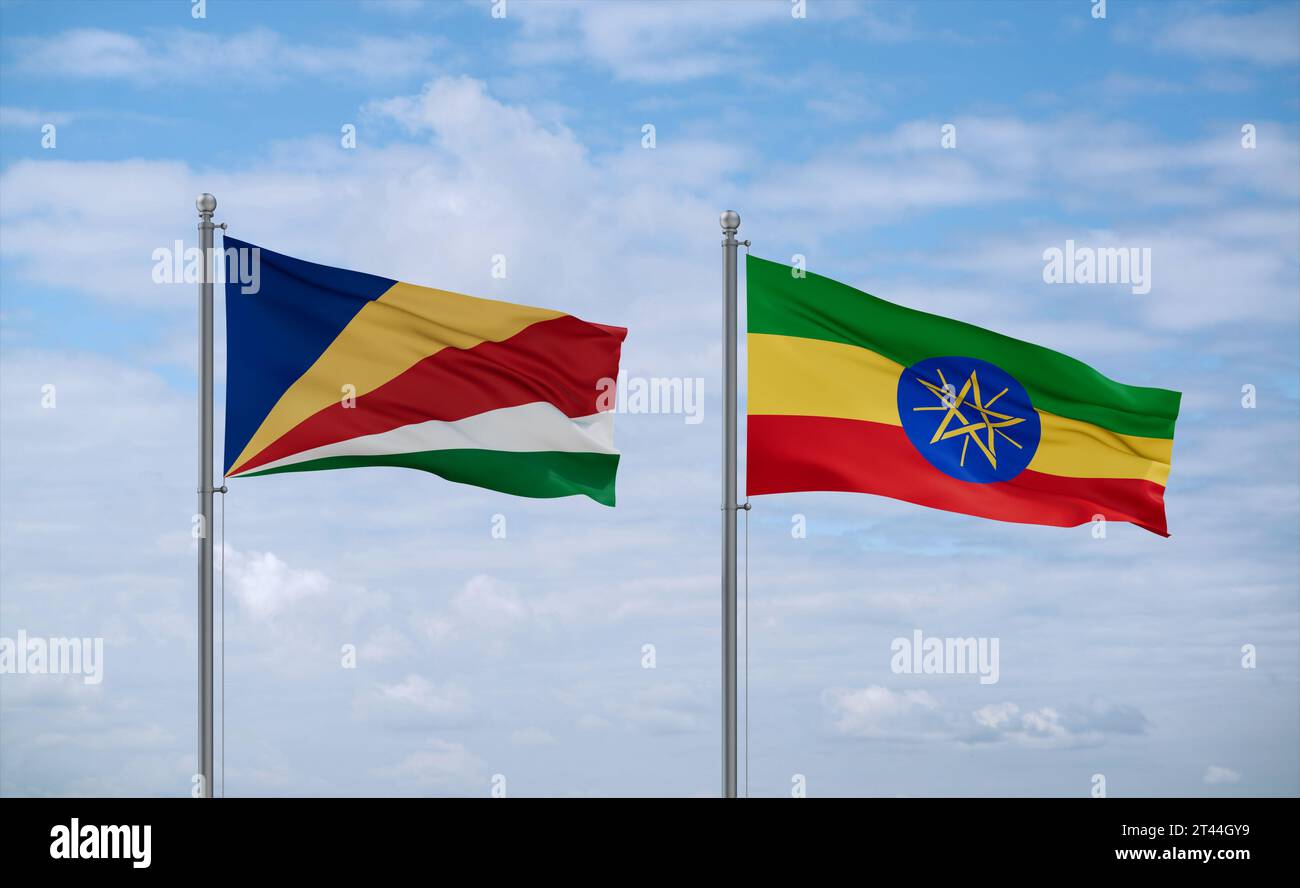 Ethiopia and Seychelles flags waving together on blue cloudy sky, two country relationship ...