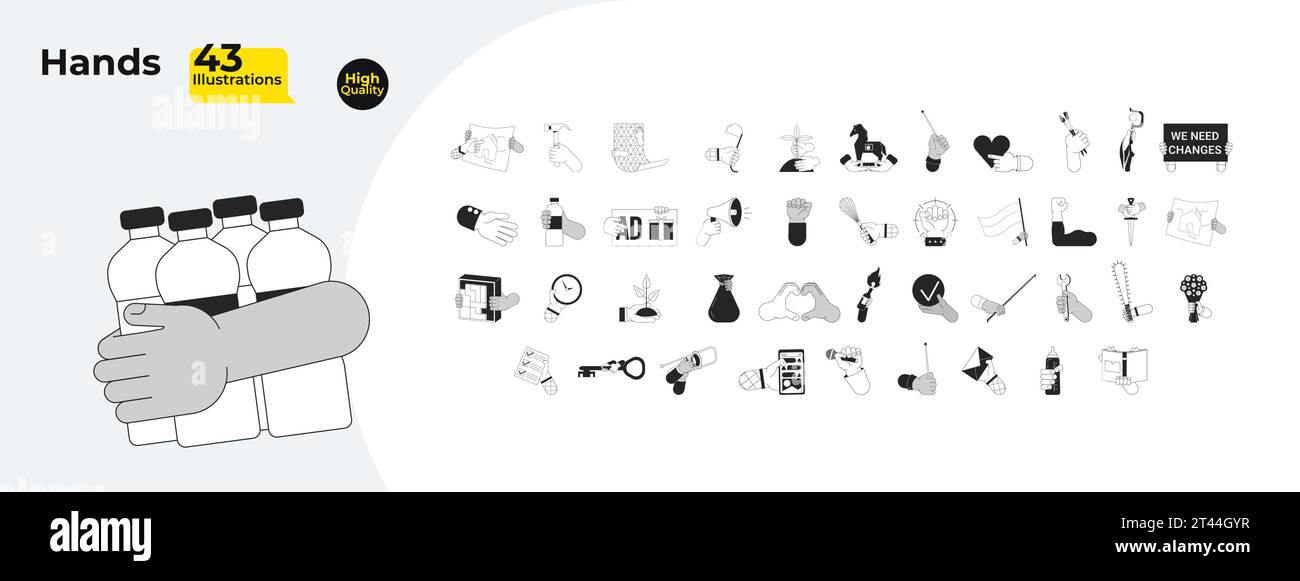 Hands doing things cartoon human hands outline illustration bundle ...