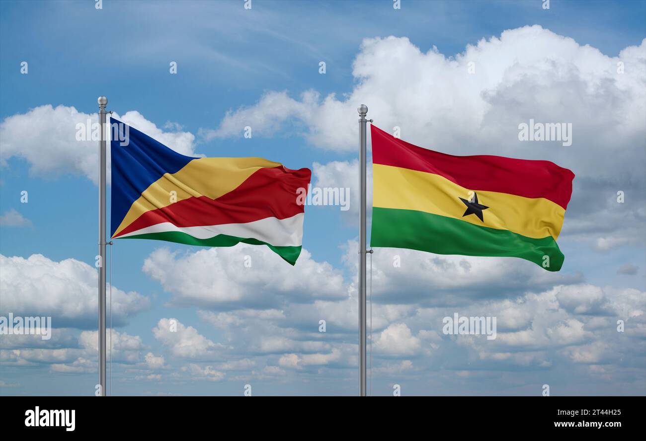 Ghana and Seychelles flags waving together on blue cloudy sky, two country relationship concept ...