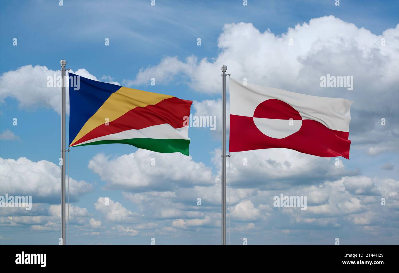 Greenland and Seychelles flags waving together on blue cloudy sky, two country relationship ...