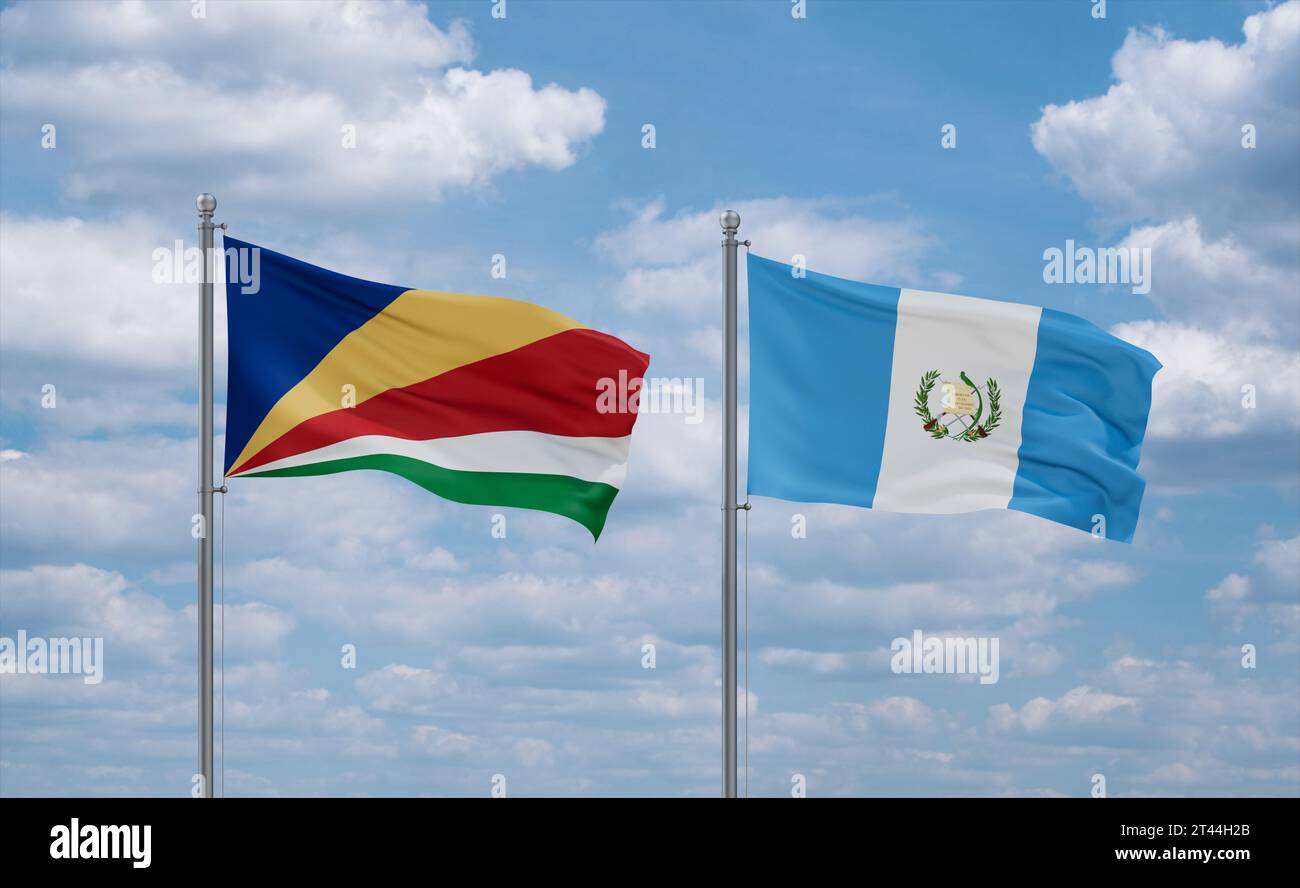 Guatemala and Seychelles flags waving together on blue cloudy sky, two country relationship ...