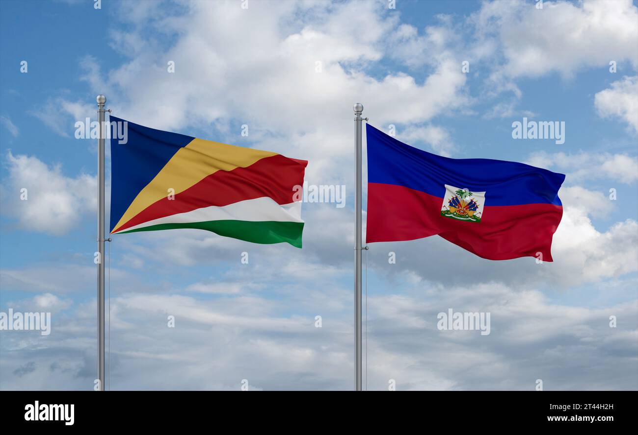 Haiti and Seychelles flags waving together on blue cloudy sky, two country relationship concept ...