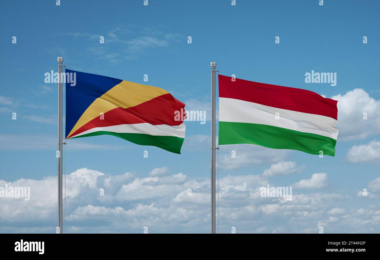 Hungary and Seychelles flags waving together on blue cloudy sky, two country relationship ...