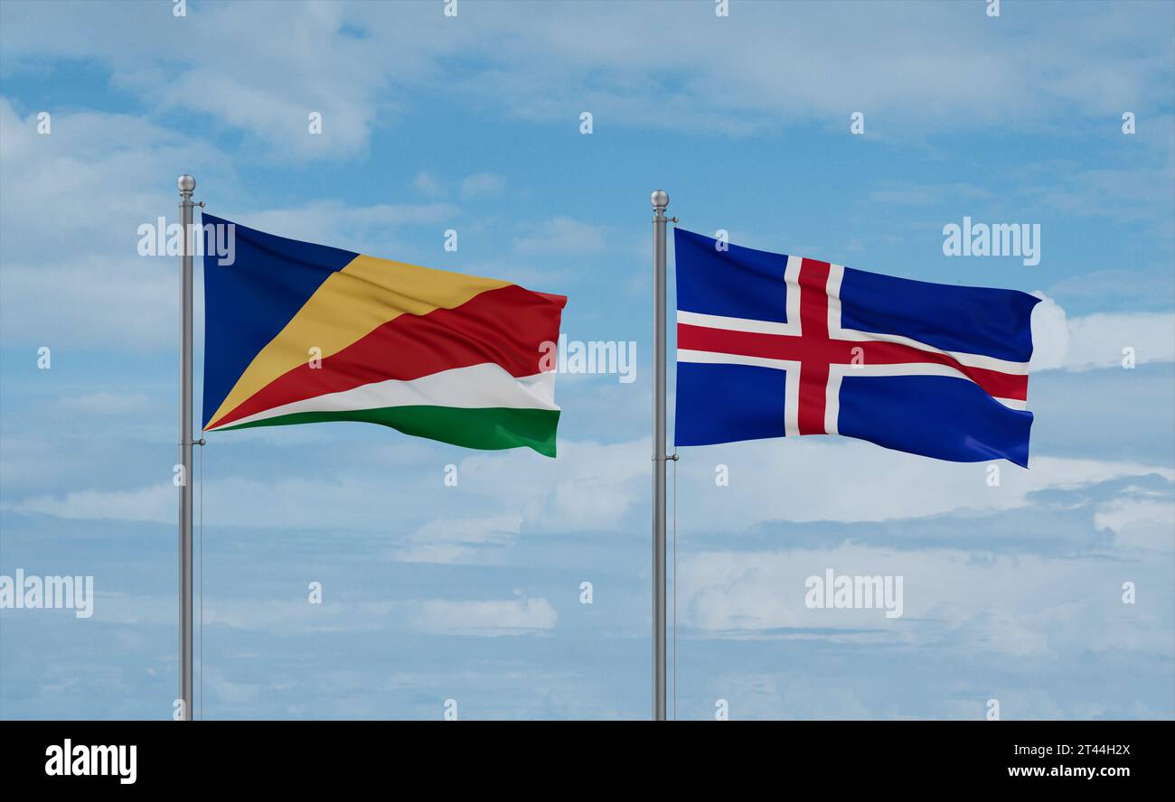Iceland and Seychelles flags waving together in the wind on blue cloudy sky, two country ...