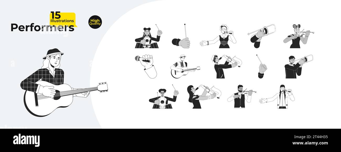 Music performers black and white cartoon flat illustration bundle Stock ...