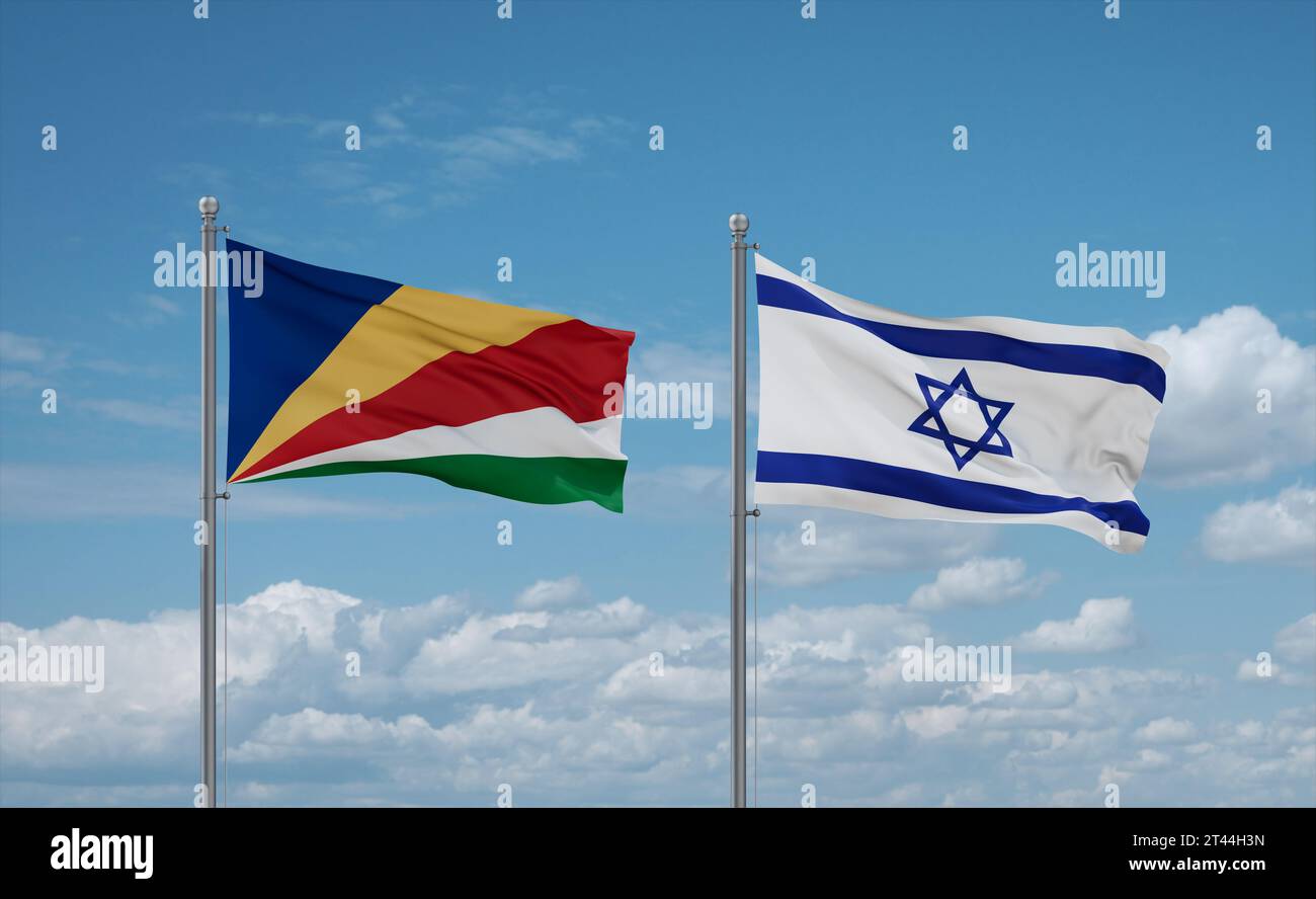 Israel and Seychelles flags waving together on blue cloudy sky, two country relationship concept ...