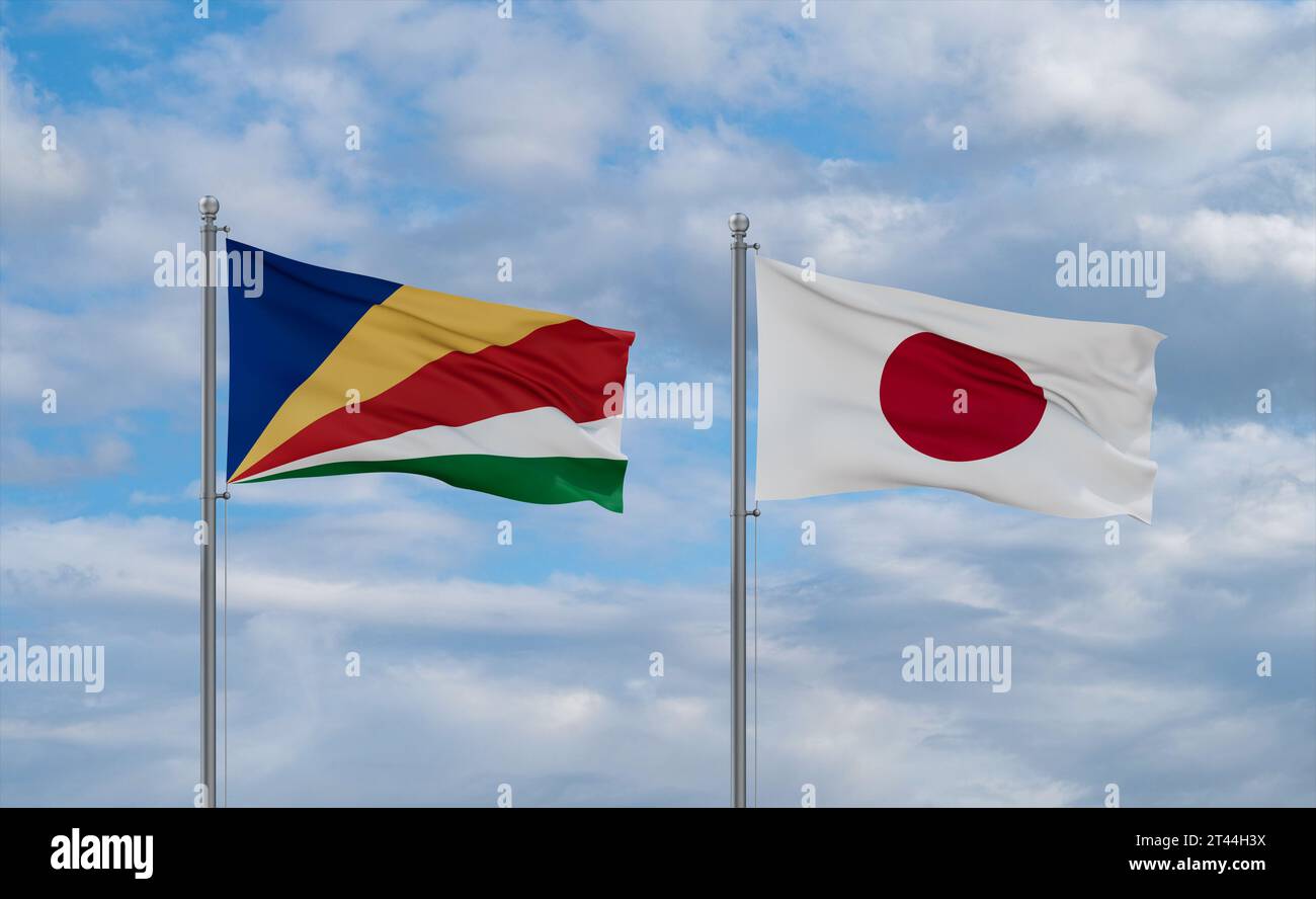 Japan and Seychelles flags waving together on blue cloudy sky, two country relationship concept ...