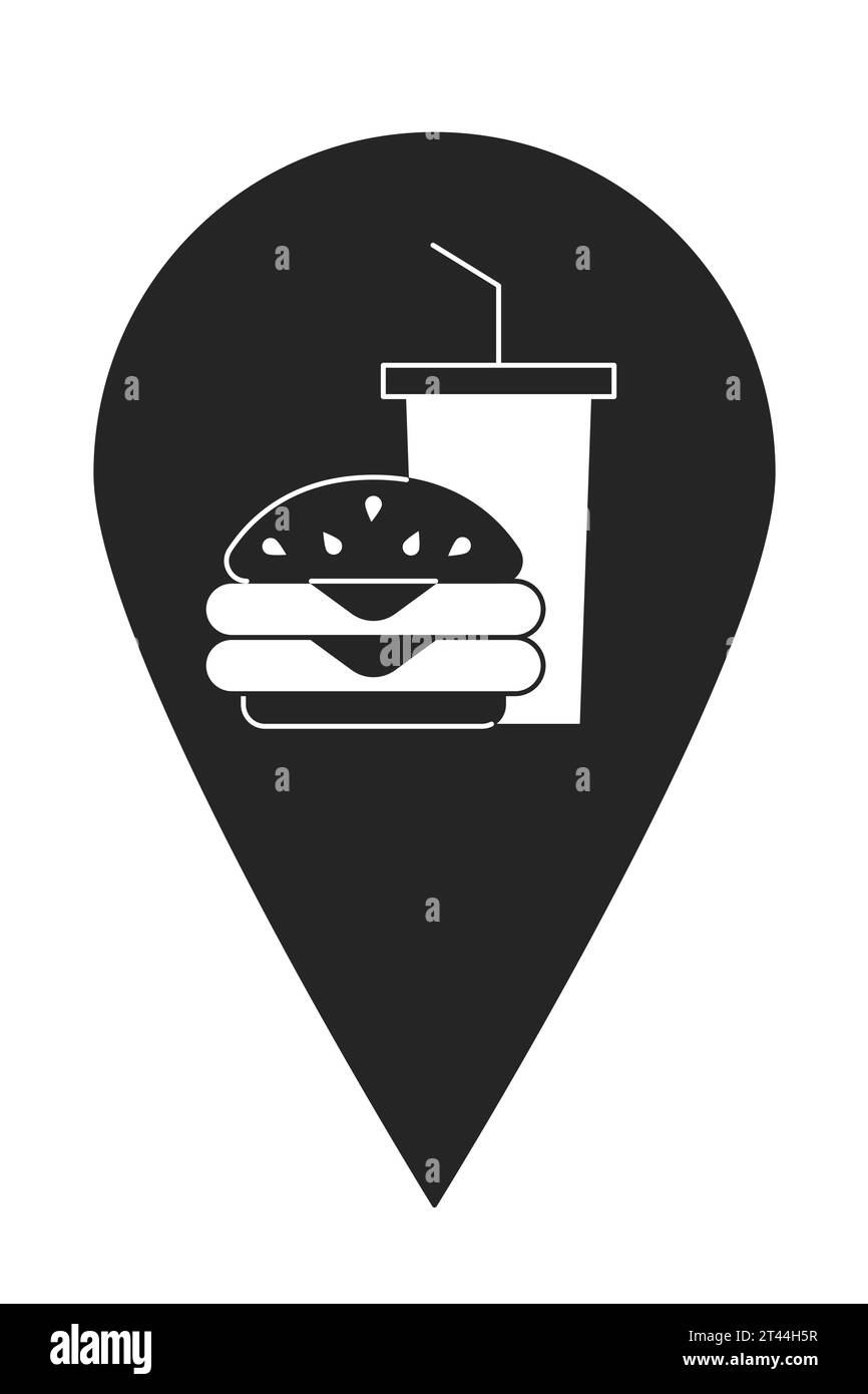 Fast food restaurant map pinpoint black and white 2D line cartoon ...