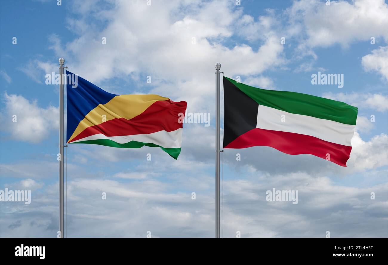 Kuwait and Seychelles flags waving together in the wind on blue cloudy sky, two country ...