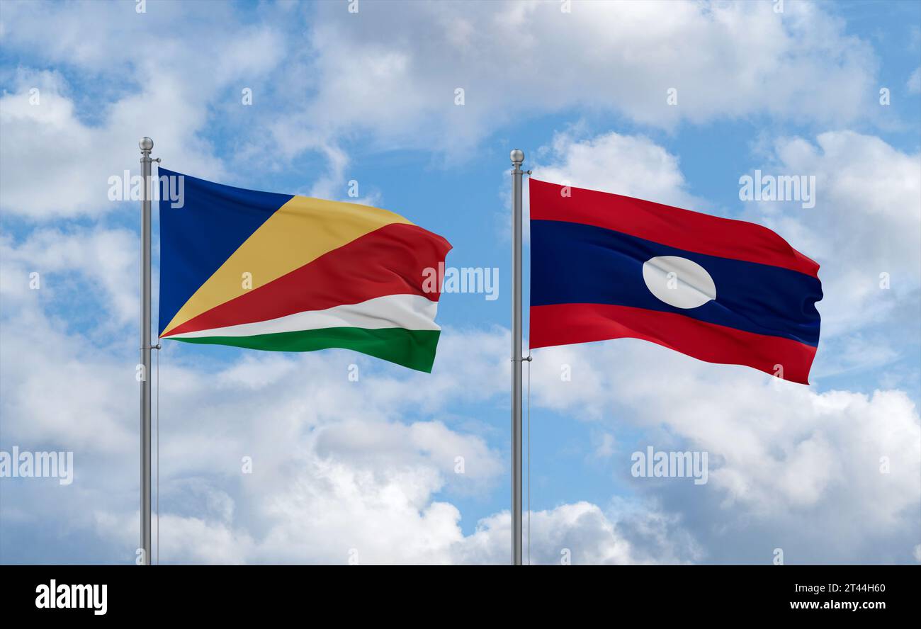 Laos and Seychelles flags waving together on blue cloudy sky, two country relationship concept ...