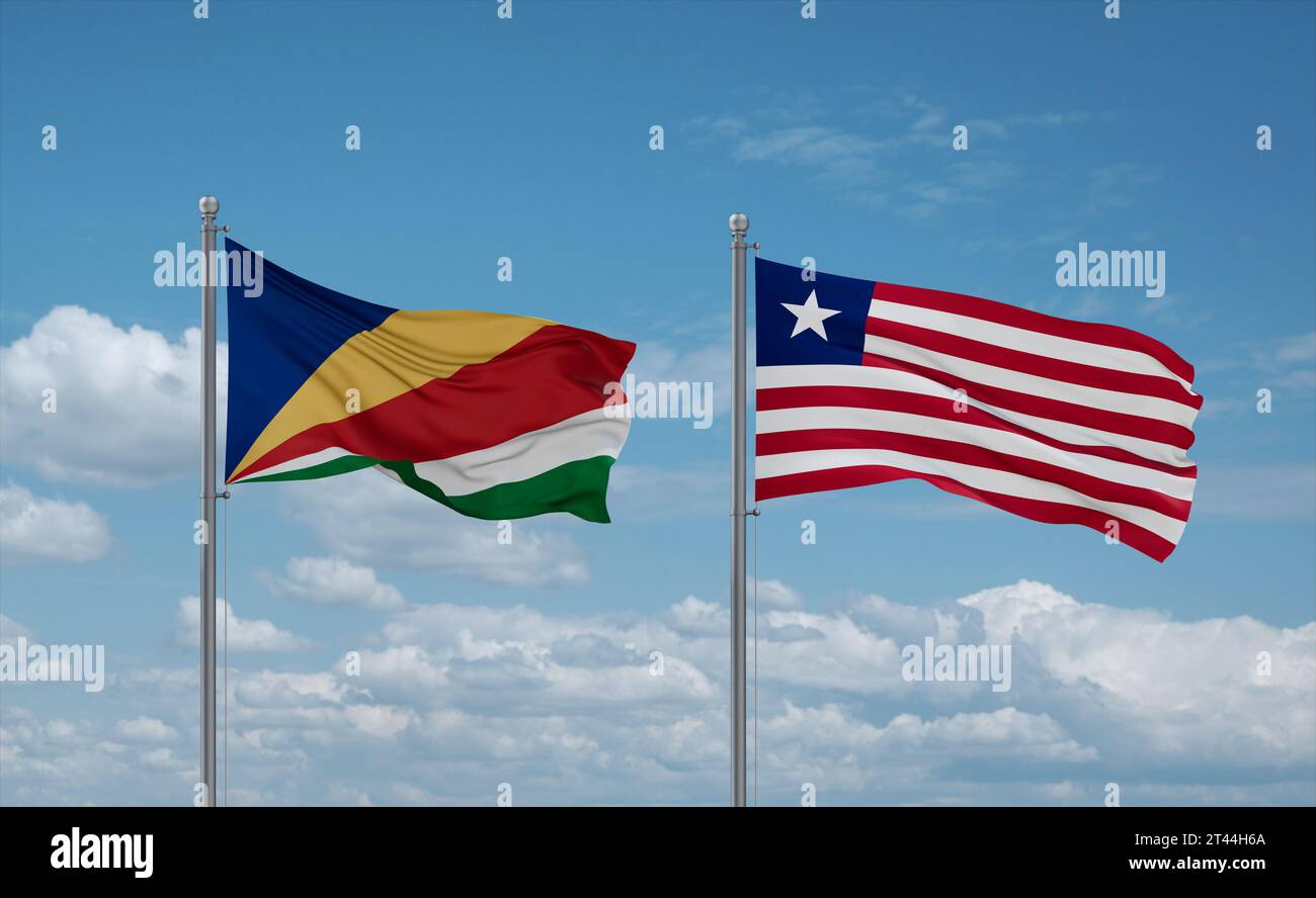 Liberia and Seychelles flags waving together in the wind on blue cloudy sky, two country ...