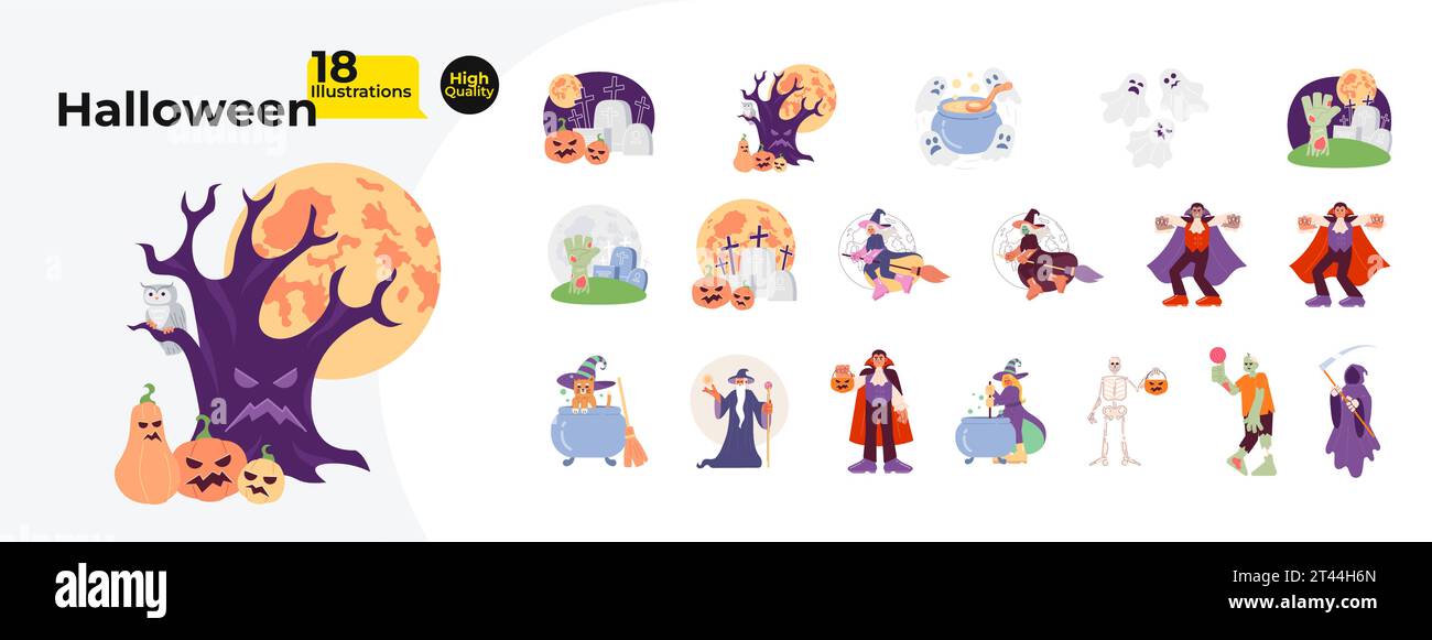 Halloween traditional cartoon flat illustration bundle Stock Vector ...
