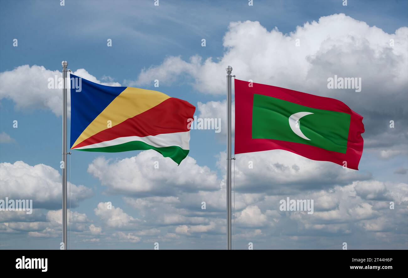 Maldives and Seychelles flags waving together on blue cloudy sky, two country relationship ...