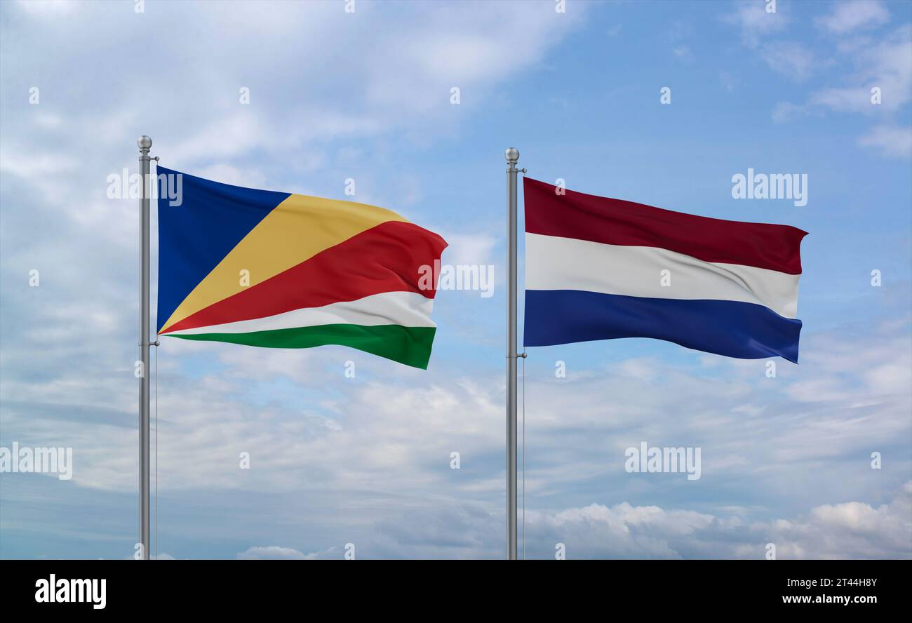 Netherlands and Seychelles flags waving together on blue cloudy sky, two country relationship ...