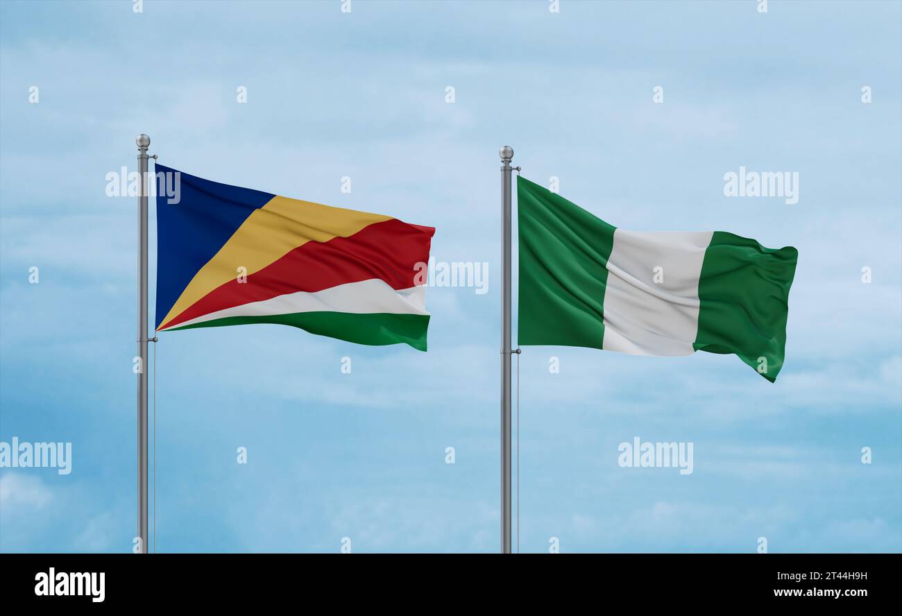 Nigeria and Seychelles flags waving together on blue cloudy sky, two country relationship ...