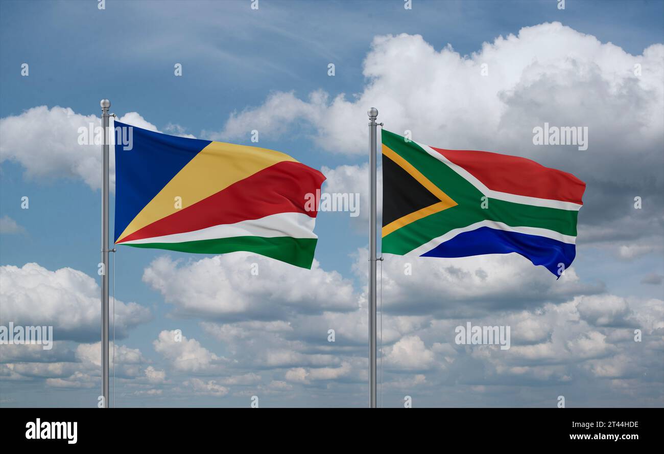 Republic of South Africa and Seychelles flags waving together in the wind on blue cloudy sky ...