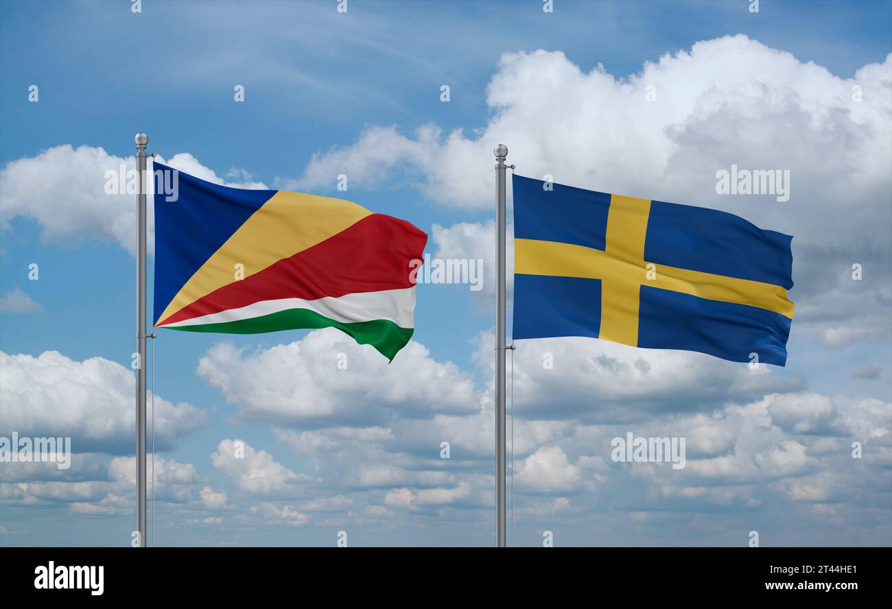 Sweden and Seychelles flags waving together in the wind on blue cloudy sky, two country ...