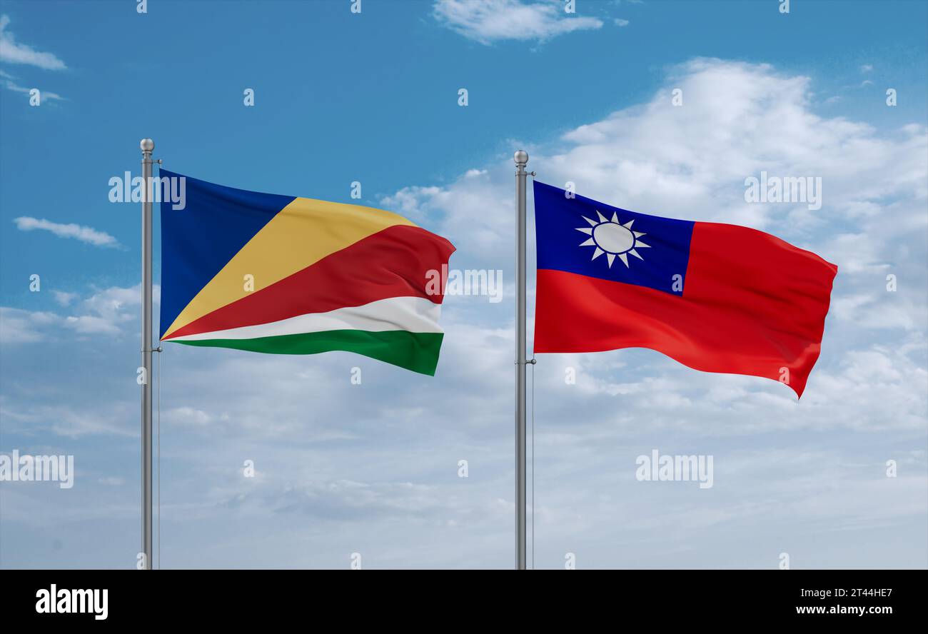 Taiwan and Seychelles flags waving together in the wind on blue cloudy sky, two country ...
