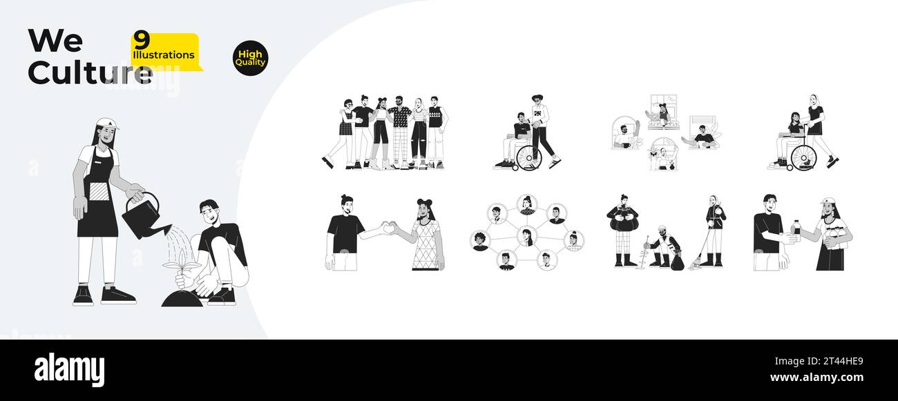 Community cooperation black and white cartoon flat illustration bundle ...