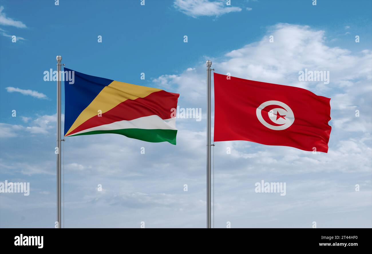Tunisia and Seychelles flags waving together in the wind on blue cloudy sky, two country ...