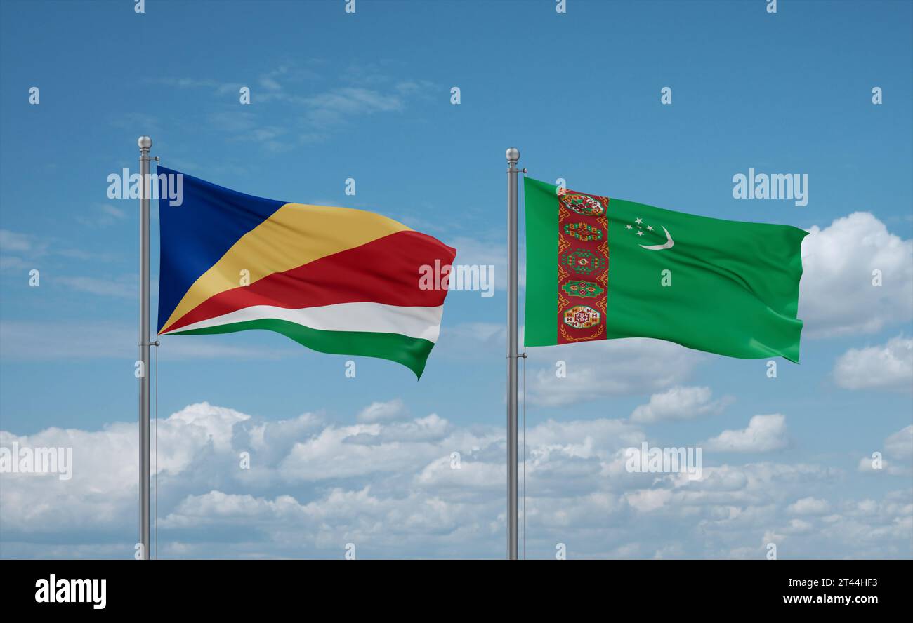 Turkmenistan and Seychelles flags waving together in the wind on blue cloudy sky, two country ...