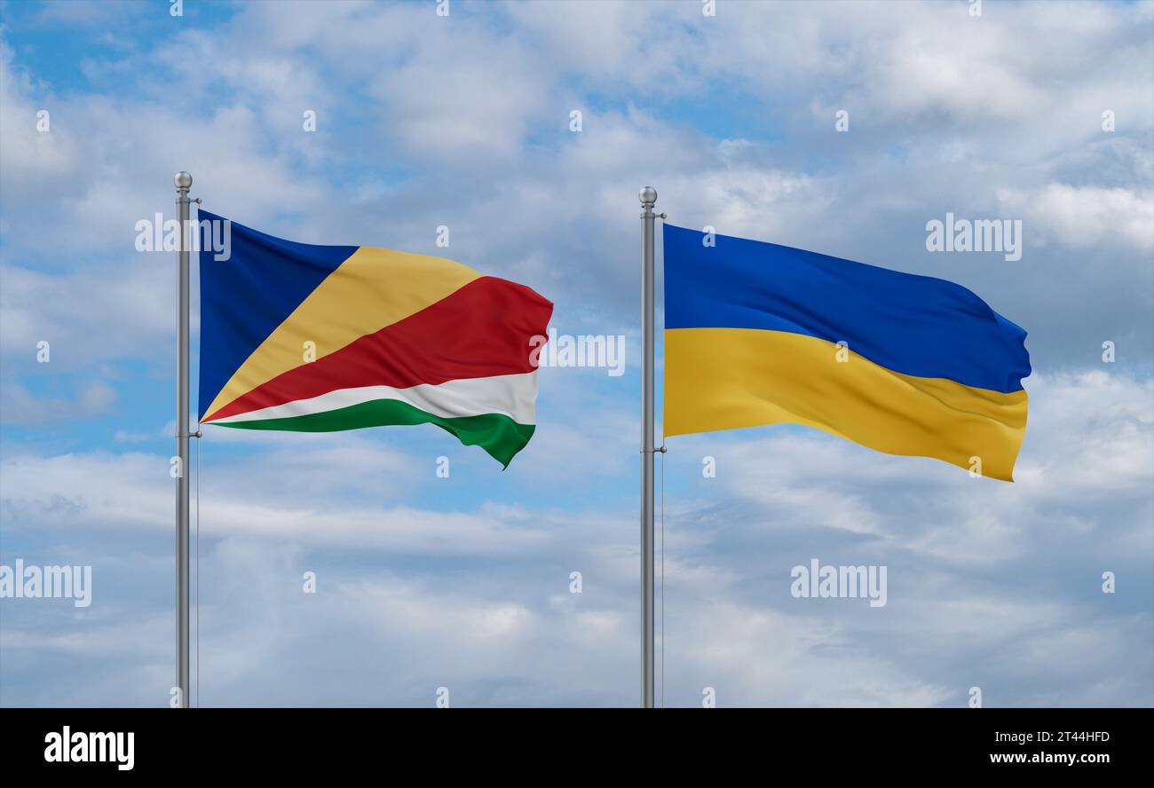 Ukraine and Seychelles flags waving together in the wind on blue cloudy sky, two country ...