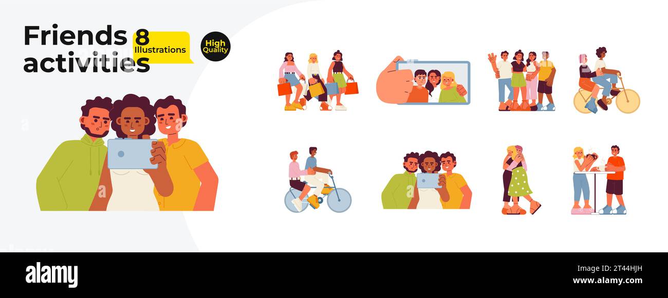 Friend weekend activities cartoon flat illustration bundle Stock Vector ...