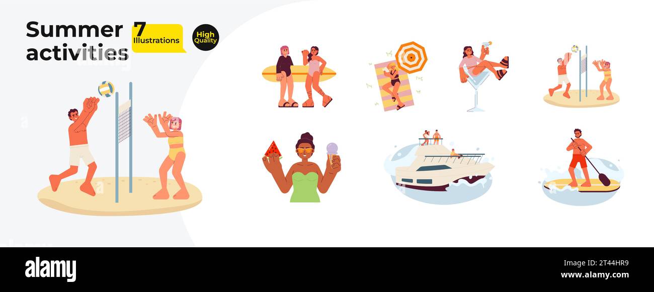 Summer beach activities cartoon flat illustration bundle Stock Vector ...