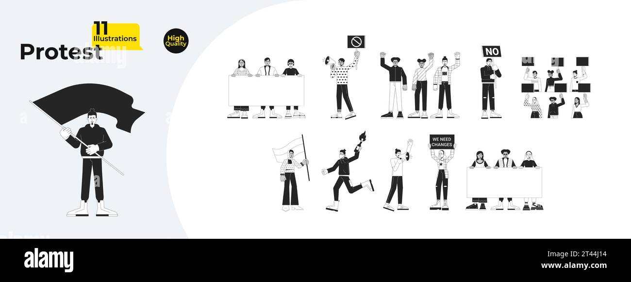 Protest demonstration black and white cartoon flat illustration bundle ...