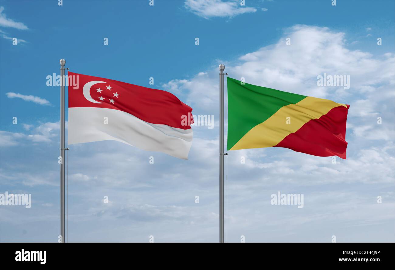 Republic of the Congo or Congo-Brazzaville and Singapore flags waving ...
