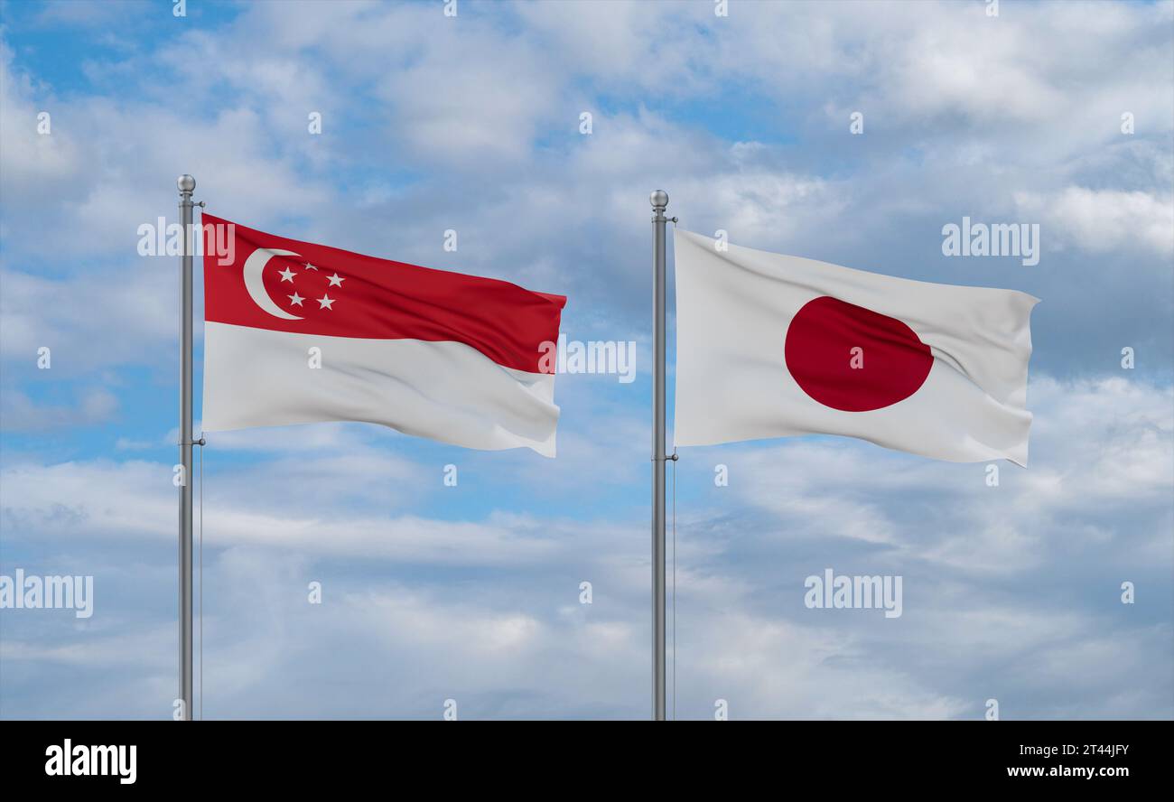 Japan and Singapore flags waving together on blue cloudy sky, two ...