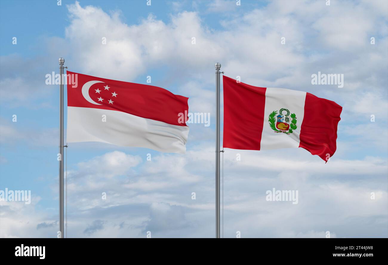 Peru and Singapore flags waving together in the wind on blue cloudy sky ...