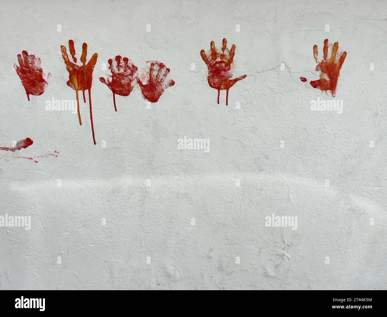 handprints, horror or Halloween background or surface with bloody red ...