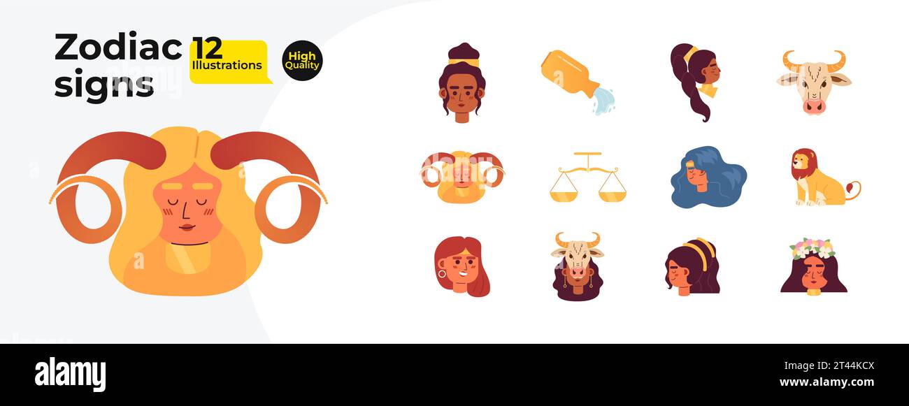 Astrology zodiac signs cartoon flat illustration bundle Stock Vector ...
