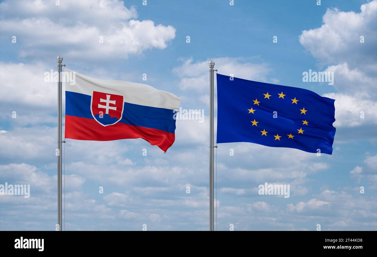 European Union and Slovakia flags waving together in the wind on blue ...