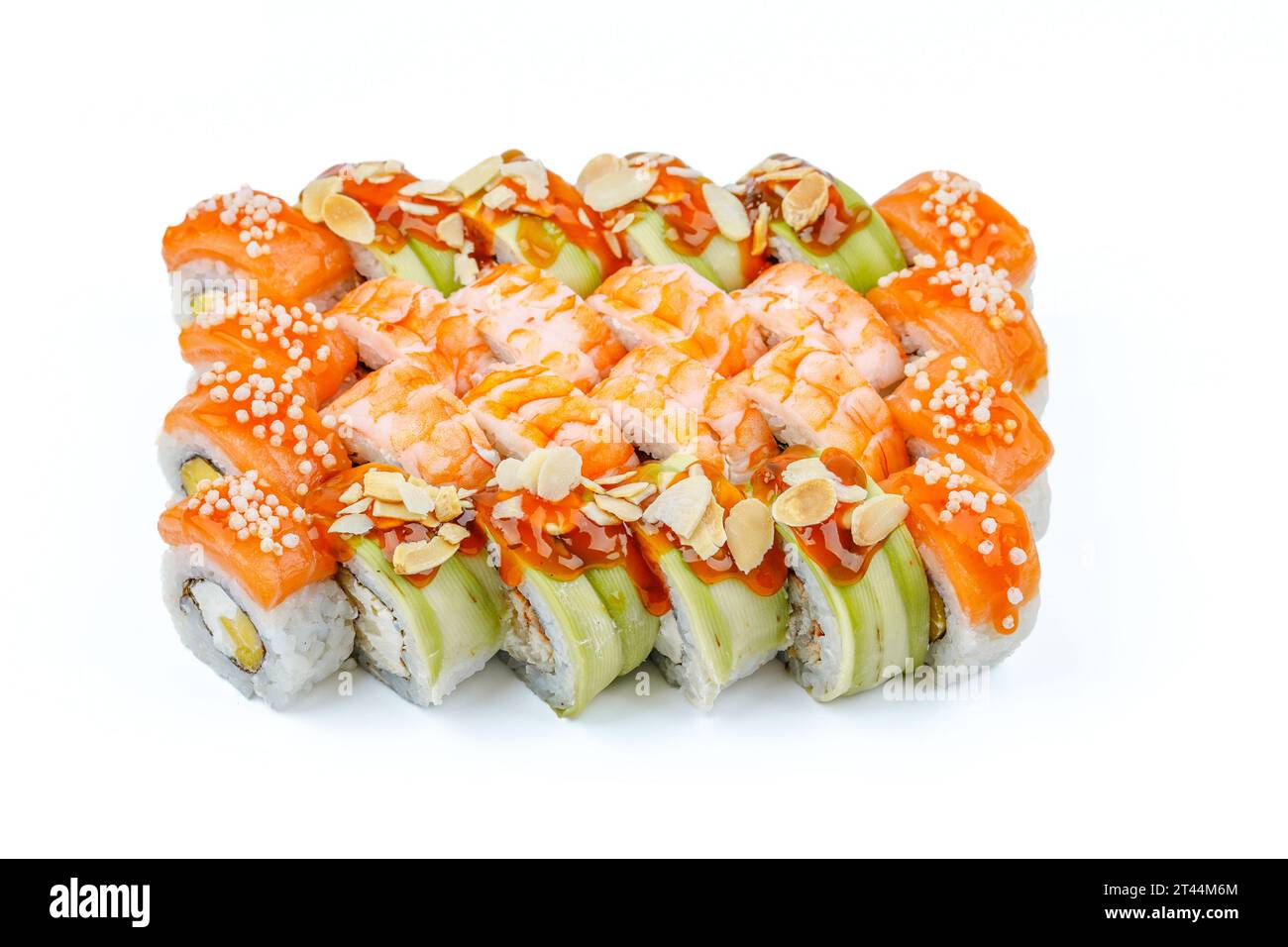 large appetizing set of rolls: eel and pear, phyllo roll with shrimp ...