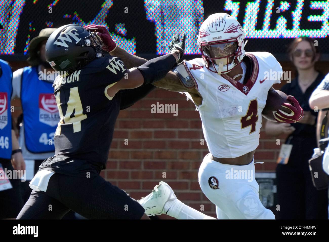 Florida State wide receiver Keon Coleman (4) pushes past Wake Forest ...