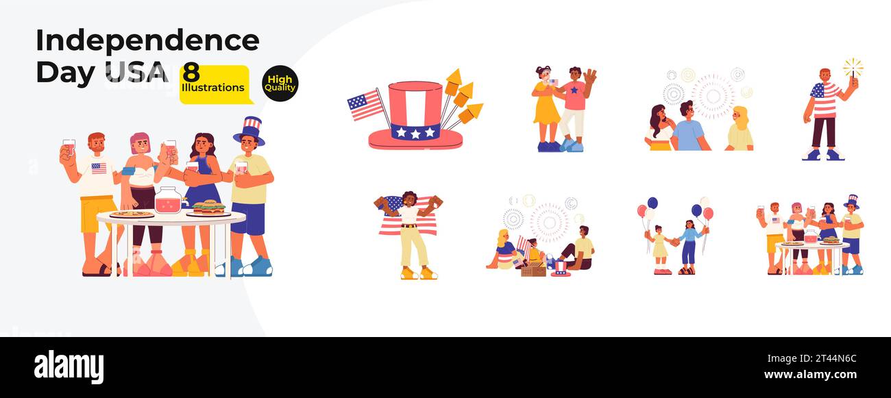 Independence day celebration cartoon flat illustration bundle Stock ...