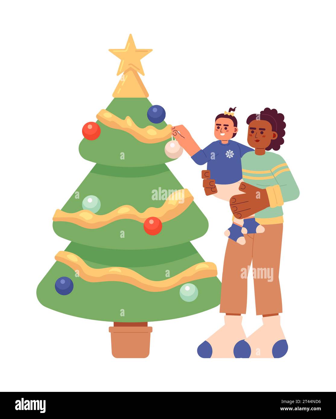 Mother little girl decorating Christmas tree 2D cartoon characters ...