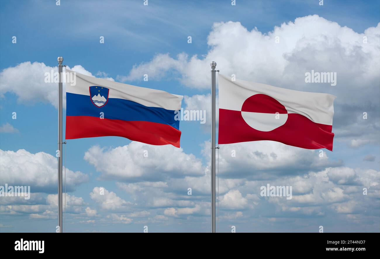 Greenland and Slovenia flags waving together on blue cloudy sky, two country relationship ...