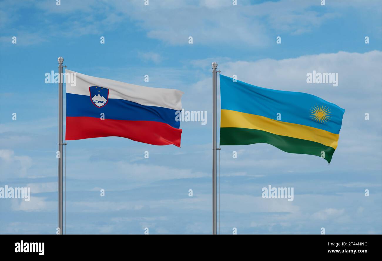Republic of Rwanda and Slovenia flags waving together in the wind on ...
