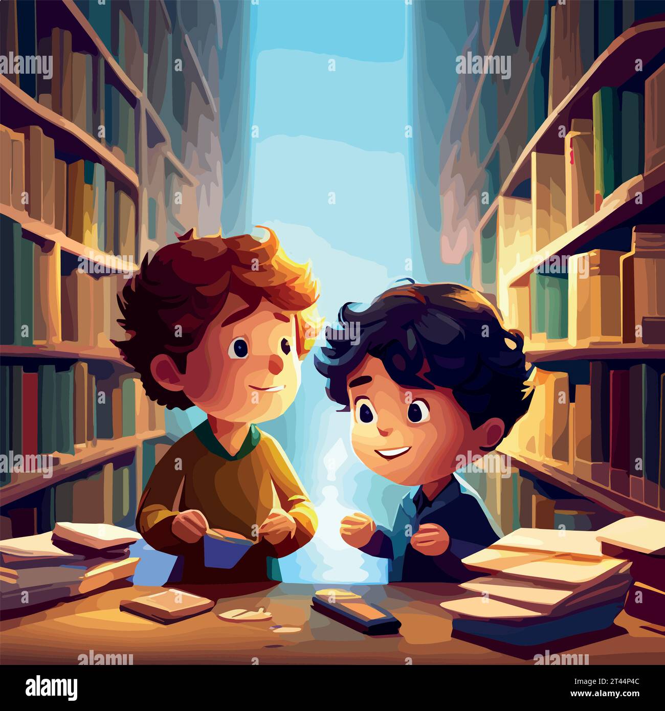 School kids sitting on table and reading book, two boy kid with glasses ...