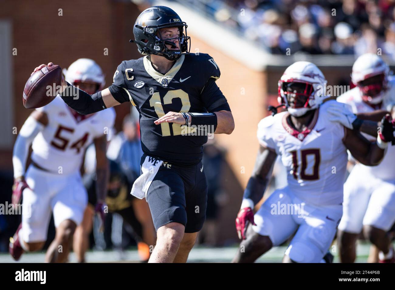 Winston-Salem, NC, USA. 28th Oct, 2023. Wake Forest Demon Deacons quarterback Mitch Griffis (12 ...