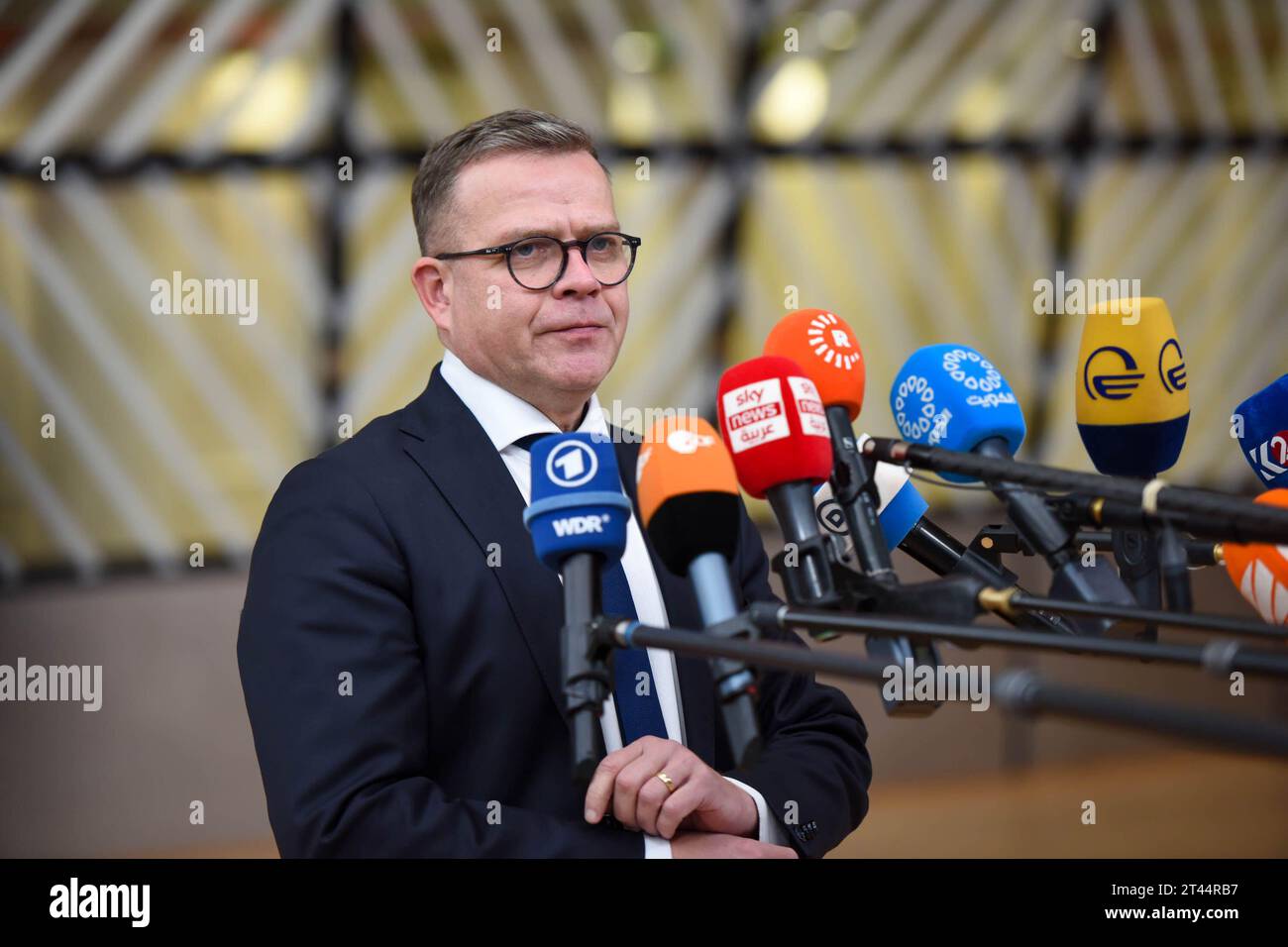Finland's Prime Minister Petteri Orpo as he speaks in EU summit at the ...