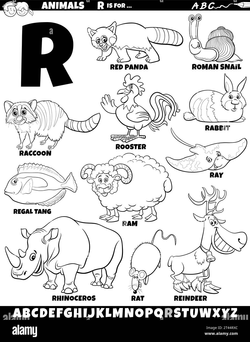 Cartoon illustration of animal characters set for letter R coloring ...